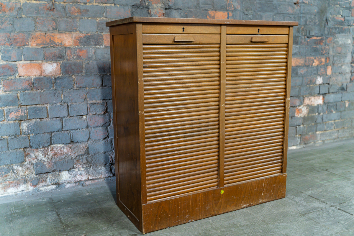 Cabinet – Oak Roller Shutter Tambour Double Vintage – Revival Props