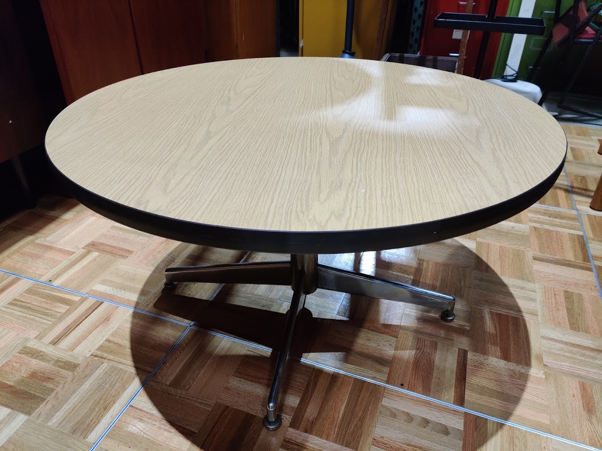Table – Wood Veneer with Chrome Legs – Round – Revival Props