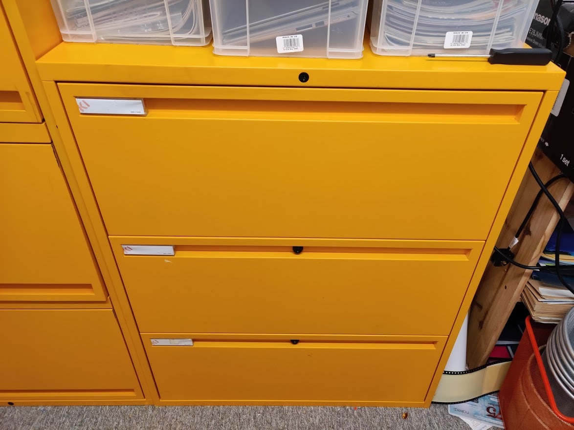 Filing Cabinet – Lateral 3 Drawer (Yellow) – Revival Props