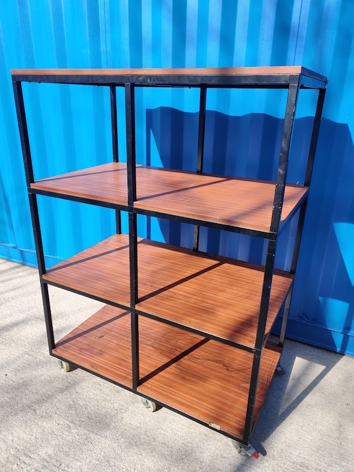 Wheeled Shelving Unit – Teak and Black Metal – Revival Props