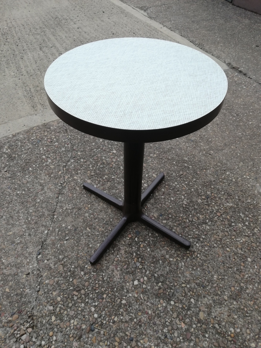 Cafe Table – Formica/Brown Round X Base – Revival Props