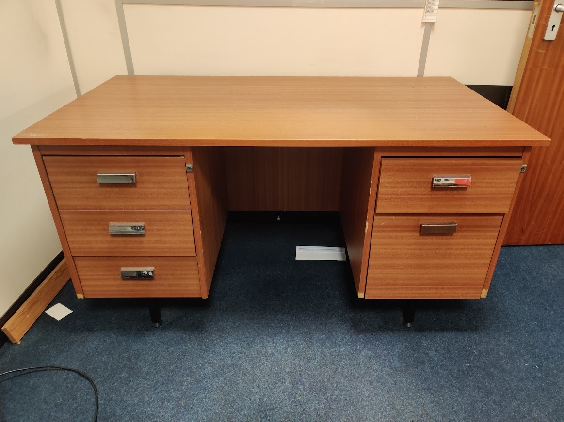 Desk – Teak 5 Drawer – Chrome Handles – Revival Props