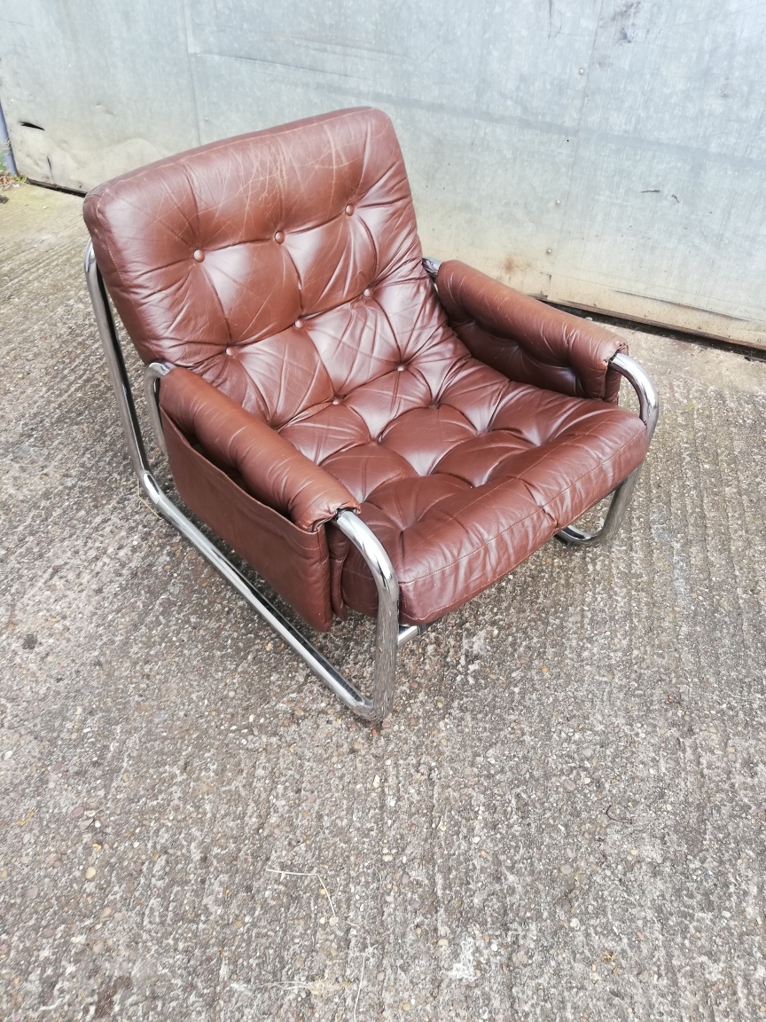 Chair – Brown Leather Buttoned/Chrome Legs – Revival Props